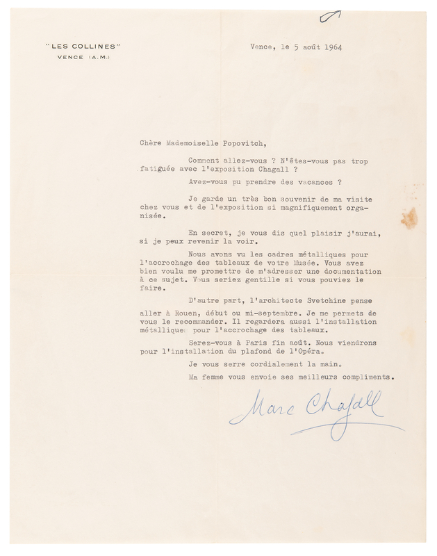 Marc Chagall (3) Typed Letters Signed, with an Original Sketch, on
