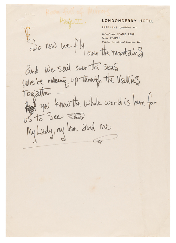 Jimi Hendrix Handwritten Working Lyrics for 'Room Full of Mirrors'