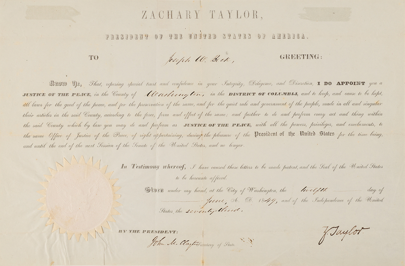 Zachary Taylor Document Signed as President, Appointing a Justice of